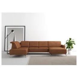 Sit & More Wohnlandschaft SIT & MORE "Bailando U-Form" Sofas Gr. B/H/T: 337cm x 84cm x 205cm, Luxus-Microfaser mit Prägung, Ottomane links, mit Kopfteilverstellung, braun (cognac) wahlweise mit Kopfteilverstellung und Vorziehsitz, motorisch