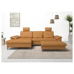 Ecksofa Places of Style "Costello L-Form, mit Sitztiefenverstellung, Armteilverstellung und" Sofas Gr. B/H/T: 301cm x 89cm x 176cm, Material, Recamiere links, ohne Bettfunktion-ohne Bettkasten, gelb (curry) 3 Nierenkissen, optional Bettfunktion und Bettkasten