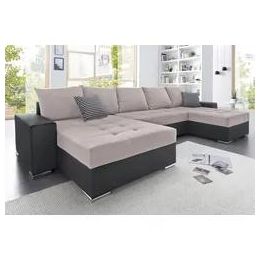 Wohnlandschaft Collection AB "Josy U-Form" Sofas Gr. B/H/T: 333cm x 84cm x 161cm, Kunstleder SOFTLUX-Microfaser PRIMABELLE, Recamiere beidseitig montierbar, XXL-mit Bettfunktion und Bettkasten, grau (schwarz/hellgrau) inkl. Bettfunktion, Bettkasten und Zierkissen, mit XXL-Recamiere