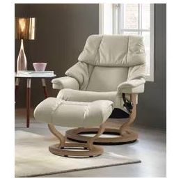 Relaxsessel stressless "Reno" Sessel Gr. Leder BATICK, Classic Base Eiche-S, Relaxfunktion-Drehfunktion-PlusTMSystem-Gleitsystem, B/H/T: 75cm x 96cm x 75cm, beige (cream batick) mit Hocker, Classic Base, Größe S, M & L, Gestell Eiche