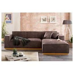 Ecksofa Home Affaire "Terry L-Form" Sofas Gr. B/H/T: 274cm x 75cm x 165cm, Luxus-Microfaser, Recamiere rechts, Ecksofa frei im Raum stellbar, braun (dunkelbraun) Ecksofa Möbel Polstermöbel Sofas mit offener Kedernaht und Holzuntergestell