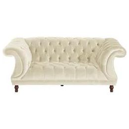 Chesterfield-Sofa Max Winzer "Isabelle" Sofas Gr. B/H/T: 200cm x 80cm x 100cm, Samtvelours 20442, beige (creme) Knopfheftung & gedrechselten Füßen in Buche Nussbaum, Breite 200 cm