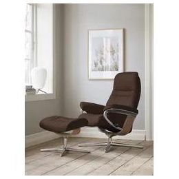 Relaxsessel stressless "Sunrise", braun (malt braun batick), B:79cm H:103cm T:73cm, Leder BATICK: BATICK ist ein leicht korrigiertes, durchgefärbtes und genarbtes Möbelleder, bei dem die meisten Unebenheiten und Spuren in der Regel entfernt wurden., Sessel, mit Cross Base, Größe S, M & L, Holzakzent Eiche