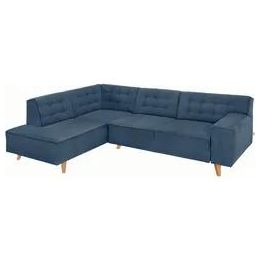 Ecksofa Tom Tailor HOME "NORDIC CHIC" Sofas Gr. B/H/T: 249cm x 77cm x 181cm, Samtstoff STC, Ottomane links, mit Sitztiefenverstellung-ohne Nackenstütze, blau (ink blue stc 6) mit Ottomane, wahlweise Sitzvorzug, Füße Buche natur