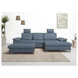 Ecksofa Places of Style "Costello L-Form, mit Sitztiefenverstellung, Armteilverstellung und" Sofas Gr. B/H/T: 301cm x 89cm x 176cm, Material, Recamiere rechts, ohne Bettfunktion-ohne Bettkasten, blau (graublau) 3 Nierenkissen, optional Bettfunktion und Bettkasten