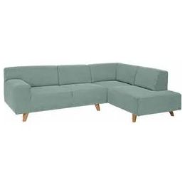 Ecksofa Tom Tailor HOME "NORDIC PURE" Sofas Gr. B/H/T: 249cm x 77cm x 181cm, Samtstoff STC, Ottomane rechts, grün (celadon stc 3) mit Ottomane, im Retrolook, Füße Buche natur