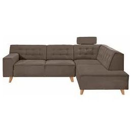 Ecksofa Tom Tailor HOME "NORDIC CHIC" Sofas Gr. B/H/T: 249cm x 77cm x 181cm, Samtstoff STC, Ottomane rechts, ohne Sitztiefenverstellung-mit Nackenstütze, braun (wood stc 4) mit Ottomane, wahlweise Sitzvorzug, Füße Buche natur