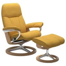 Relaxsessel stressless "Consul" Sessel Gr. ROHLEDER Stoff Q2 FARON, Signature Base Eiche, BalanceAdaptTM-PlusTMSystem-Gleitsystem-Relaxfunktion-Drehfunktion-Kopfstützenverstellung-Rückteilverstellung, B/H/T: 78cm x 97cm x 70cm, gelb (yellow q2 faron) mit Hocker, Signature Base, Größe S, Gestell Eiche