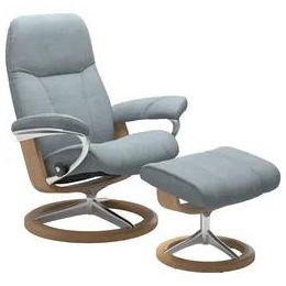 Relaxsessel stressless "Consul" Sessel Gr. Struktur fein JASMINE, Signature Base Eiche, BalanceAdaptTM-PlusTMSystem-Gleitsystem-Relaxfunktion-Drehfunktion-Kopfstützenverstellung-Rückteilverstellung, B/H/T: 78cm x 97cm x 70cm, blau (light blue jasmine) mit Hocker, Signature Base, Größe S, Gestell Eiche