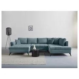 Wohnlandschaft Inosign "Lörby U-Form" Sofas Gr. B/H/T: 339 cm x 90 cm x 190 cm, Feincord, Ottomane rechts, Feincord, blau (blaugrau) Belastbarkeit bis 140kg pro Sitzplatz, auch mit Aqua clean-Bezug