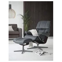 Relaxsessel stressless "Reno" Sessel Gr. Leder BATICK, Cross Base Braun-M, Relaxfunktion-Drehfunktion-PlusTMSystem-Gleitsystem-BalanceAdaptTM, B/H/T: 83cm x 100cm x 76cm, blau (atlantic blue batick) mit Cross Base, Größe S, M & L, Holzakzent Braun