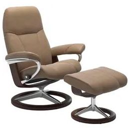 Relaxsessel stressless "Consul" Sessel Gr. Leder PALOMA, Signature Base Braun, BalanceAdaptTM-PlusTMSystem-Gleitsystem-Relaxfunktion-Drehfunktion-Kopfstützenverstellung-Rückteilverstellung, B/H/T: 82cm x 102cm x 72cm, braun (almond paloma) mit Hocker, Signature Base, Größe M, Gestell Braun