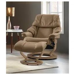 Relaxsessel stressless "Reno" Sessel Gr. Microfaser DINAMICA, Classic Base Eiche-S, Relaxfunktion-Drehfunktion-PlusTMSystem-Gleitsystem, B/H/T: 75cm x 96cm x 75cm, braun (sand dinamica) mit Hocker, Classic Base, Größe S, M & L, Gestell Eiche