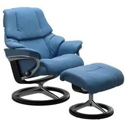 Relaxsessel stressless "Reno" Sessel Gr. Material Bezug, Material Gestell, Ausführung / Funktion, Maße B/H/T, blau (lazuli blau) mit Hocker, Signature Base, Größe S, M & L, Gestell Schwarz