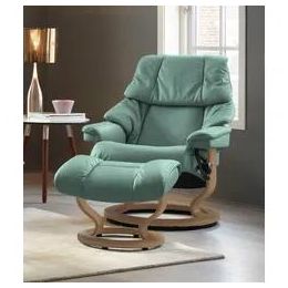 Relaxsessel stressless "Reno" Sessel Gr. Leder PALOMA, Classic Base Eiche-S, Relaxfunktion-Drehfunktion-PlusTMSystem-Gleitsystem, B/H/T: 75cm x 96cm x 75cm, grün (aqua green paloma) mit Hocker, Classic Base, Größe S, M & L, Gestell Eiche