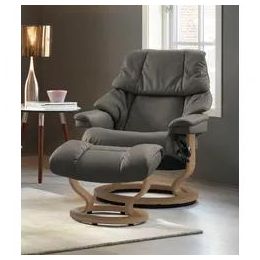 Relaxsessel stressless "Reno" Sessel Gr. Leder PALOMA, Classic Base Eiche-M, Relaxfunktion-Drehfunktion-PlusTMSystem-Gleitsystem, B/H/T: 79cm x 98cm x 75cm, grau (metal grey paloma) mit Hocker, Classic Base, Größe S, M & L, Gestell Eiche