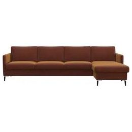 Ecksofa FLEXLUX "Fiore, L-Form, bequem und komfortabel durch hochwertigem Sitzaufbau" Sofas Gr. B/H/T: 280cm x 85cm x 159cm, Velvet, Chaiselongue rechts, braun (cognac) schmale Armlehnen, Kaltschaum, Füße Alu+schwarz