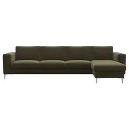 Ecksofa FLEXLUX "Fiore, super Sitzkomfort durch Kaltschaum im Sitz, L-Form" Sofas Gr. B/H/T: 295cm x 85cm x 159cm, Velvet, Chaiselongue rechts, grün (moss green) breite Armlehnen, Füße Alu