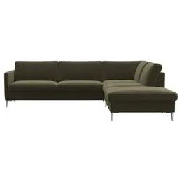 Ecksofa FLEXLUX "Fiore, L-Form, bequem und komfortabel durch hochwertigem Sitzaufbau" Sofas Gr. B/H/T: 266cm x 85cm x 225cm, Velvet, Ottomane rechts, grün (moss green) schmale Armlehnen, Kaltschaum, Füße Alu