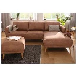 Ecksofa Home Affaire "Ida L-Form" Sofas Gr. B/H/T: 280cm x 86cm x 165cm, Luxus-Microfaser, Recamiere rechts, braun (cognac) mit Holzfüßen und Armlehnen-Polsterung