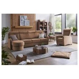 Ecksofa VILLA BECK "Varese L-Form" Sofas Gr. B/H/T: 256cm x 102cm x 83cm, Microfaser-Flock, Longchair links, mit Bettkasten, orange (10 kupfer) Kopfteilverstellung, wahlweise mit Sitzvorzug, in Sitzhöhe 49 cm