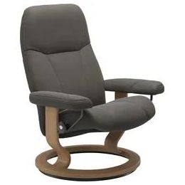 Relaxsessel stressless "Consul" Sessel Gr. Leder PALOMA, Classic Base Eiche, PlusTMSystem-Gleitsystem-Relaxfunktion-Drehfunktion-Kopfstützenverstellung-Rückteilverstellung, B/H/T: 76cm x 100cm x 71cm, grau (metal grey paloma) mit Classic Base, Größe M, Gestell Eiche