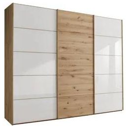 Schwebetürenschrank Wiemann "Cardiff" Schränke Gr. B/H/T: 295,2 cm x 236 cm x 67 cm, Außenpartien Glas weiß, 3 St., braun (bianco, eiche, nachbildung) mit massiven Holztüren und Spiegel