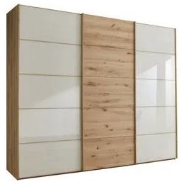 Schwebetürenschrank Wiemann "Cardiff" Schränke Gr. B/H/T: 246,3 cm x 236 cm x 67 cm, Außenpartien Glas champagner, 3 St., braun (bianco, eiche, nachbildung) mit massiven Holztüren und Spiegel