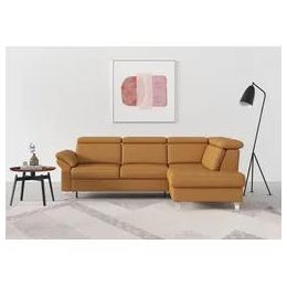 Sit & More Ecksofa SIT & MORE "Arngast L-Form" Sofas Gr. B/H/T: 245cm x 84cm x 194cm, NaturLEDER, Ottomane rechts, mit Bettfunktion-mit Bettkasten-Bett mit Stoff bezogen, gelb (curry) inklusive Kopfteilverstellung und Federkern