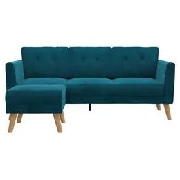 3-Sitzer COSMOLIVING BY COSMOPOLITAN "Gloria" Sofas Gr. B/H/T: 192cm x 82cm x 146cm, Veloursstoff, Ottomane beidseitig montierbar, Mit Ottomane, blau (petrol) Mit Knopfsteppung