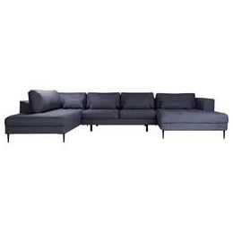 Wohnlandschaft Trendmanufaktur "Luzi, gemütliches Sofa mit extra viel Platz, U-Form, viele Kissen" Sofas Gr. B/H/T: 361cm x 80cm x 203cm, Samtvelours ELISA, Ottomane links-Recamiere rechts, blau (moonlight ocean) Designsofa mit tollem Sitzkomfort, Metallfüße schwarz, Breite 361 cm