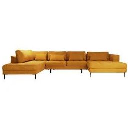 Wohnlandschaft Trendmanufaktur "Luzi, gemütliches Sofa mit extra viel Platz, U-Form, viele Kissen" Sofas Gr. B/H/T: 361cm x 80cm x 203cm, Samtvelours ELISA, Ottomane links-Recamiere rechts, orange (golden orange) Designsofa mit tollem Sitzkomfort, Metallfüße schwarz, Breite 361 cm