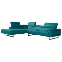 Ecksofa Egoitaliano "Malika" Sofas Gr. B/H/T: 300cm x 94cm x 107cm, Luxus-Microfaser BLUSH, Ottomane links, mit Kopfteilverstellung, blau (teal) mit Ottomane, inkl. Kopfteilverstellung und chromfarbenen Metallfüßen