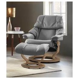 Relaxsessel stressless "Reno" Sessel Gr. Leder BATICK, Classic Base Eiche-L, Relaxfunktion-Drehfunktion-PlusTMSystem-Gleitsystem, B/H/T: 88cm x 98cm x 78cm, grau (wild dove batick) mit Hocker, Classic Base, Größe S, M & L, Gestell Eiche