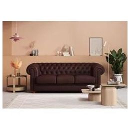 Chesterfield-Sofa Max Winzer "Kent edel und bequem, tolle Detailverarbeitung, komfortable Armlehnen" Sofas Gr. B/H/T: 202cm x 75cm x 101cm, Leder 93420, rot 3-Sitzer mit aufwendiger Knopfheftung, Breite 205 cm