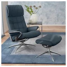 Relaxsessel stressless "London" Sessel Gr. Leder BATICK, Star Base-High Base, PlusTMSystem-Gleitsystem-BalanceAdaptTM, B/H/T: 80cm x 116cm x 71cm, blau (atlantic batick) mit Hocker, High Back, Star Base, Gestell Chrom