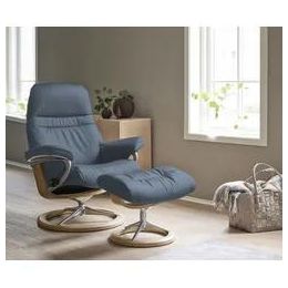 Relaxsessel stressless "Sunrise" Sessel Gr. Leder PALOMA, Relaxfunktion-Drehfunktion-PlusTMSystem-Gleitsystem-BalanceAdaptTM, B/H/T: 92cm x 105cm x 80cm, blau (sparrow paloma) mit Signature Base, Größe L, Gestell Eiche