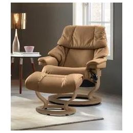 Relaxsessel stressless "Reno" Sessel Gr. Leder PALOMA, Classic Base Eiche-M, Relaxfunktion-Drehfunktion-PlusTMSystem-Gleitsystem, B/H/T: 79cm x 98cm x 75cm, braun (taupe paloma) mit Hocker, Classic Base, Größe S, M & L, Gestell Eiche