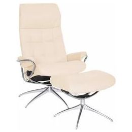 Relaxsessel stressless "London" Sessel Gr. Leder BATICK, Star Base-Standard Base, PlusTMSystem-Gleitsystem-BalanceAdaptTM, B/H/T: 80cm x 116cm x 71cm, beige (cream batick) mit Hocker, High Back, Star Base, Gestell Chrom