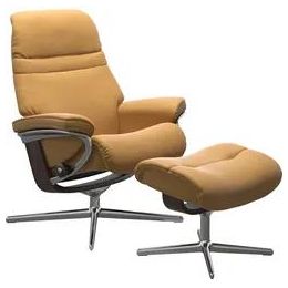 Relaxsessel stressless "Sunrise" Sessel Gr. Material Bezug, Material Gestell, Ausführung / Funktion, Maße B/H/T, gelb (honey) mit Hocker, Cross Base, Größe S, M & L, Holzakzent Wenge