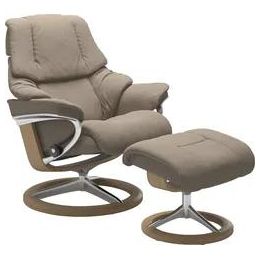 Relaxsessel stressless "Reno" Sessel Gr. ROHLEDER Stoff Q2 FARON, Signature Base Eiche, Relaxfunktion-Drehfunktion-PlusTMSystem-Gleitsystem-BalanceAdaptTM, B/H/T: 83cm x 100cm x 76cm, beige (beige q2 faron) mit Hocker, Signature Base, Größe S, M & L, Gestell Eiche