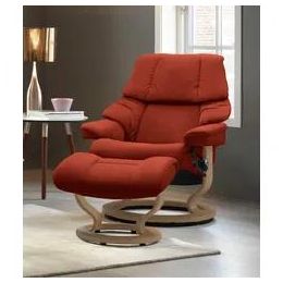 Relaxsessel stressless "Reno" Sessel Gr. ROHLEDER Stoff Q2 FARON, Classic Base Eiche, Relaxfunktion-Drehfunktion-PlusTMSystem-Gleitsystem, B/H/T: 88cm x 98cm x 78cm, rot (rust q2 faron) mit Hocker, Classic Base, Größe S, M & L, Gestell Eiche