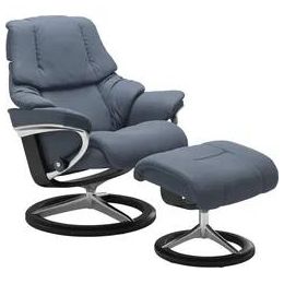 Relaxsessel stressless "Reno" Sessel Gr. Leder PALOMA, Signature Base Schwarz-S, Relaxfunktion-Drehfunktion-PlusTMSystem-Gleitsystem-BalanceAdaptTM, B/H/T: 79cm x 99cm x 75cm, blau (sparrow blue paloma) mit Hocker, Signature Base, Größe S, M & L, Gestell Schwarz