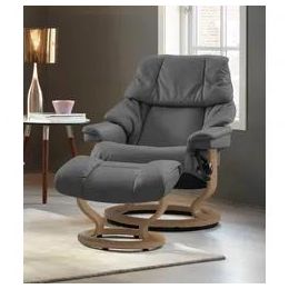 Relaxsessel stressless "Reno" Sessel Gr. Leder BATICK, Classic Base Eiche-S, Relaxfunktion-Drehfunktion-PlusTMSystem-Gleitsystem, B/H/T: 75cm x 96cm x 75cm, grau (grey batick) mit Hocker, Classic Base, Größe S, M & L, Gestell Eiche