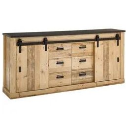 Sideboard Home Affaire "SHERWOOD" Sideboards Gr. B/H/T: 201 cm x 91 cm x 43 cm, 6 St., braun (old style hell dekor) modernes Holz Dekor, mit Scheunentorbeschlag aus Metall, Breite 201 cm Bestseller