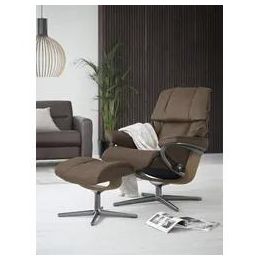 Relaxsessel stressless "Reno" Sessel Gr. ROHLEDER Stoff Q2 FARON, Cross Base Eiche, Relaxfunktion-Drehfunktion-PlusTMSystem-Gleitsystem-BalanceAdaptTM, B/H/T: 83cm x 100cm x 76cm, braun (schwarz beige q2 faron) mit Hocker, Cross Base, Größe S, M & L, Holzakzent Eiche