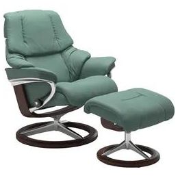 Relaxsessel stressless "Reno" Sessel Gr. Leder PALOMA, Signature Base Braun-S, Relaxfunktion-Drehfunktion-PlusTMSystem-Gleitsystem-BalanceAdaptTM, B/H/T: 79cm x 99cm x 75cm, grün (aqua paloma) mit Hocker, Signature Base, Größe S, M & L, Gestell Braun