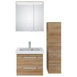 Badmöbel-Set SAPHIR "Balto Sprint 3-teilig, Mineralmarmor-Waschtisch mit LED-Spiegelschrank" Kastenmöbel-Sets Gr. B/H/T: 100 cm x 200 cm x 46 cm, 1 Mineralmarmor-Waschtisch weiß-1 Waschtischunterschrank mit 2 Auszügen-1 Spiegelschrank mit 2 Drehtüren-1 LED-Lichtkranz-1 Midischrank mit 1 Drehtür, 2 Auszügen, braun (riviera eiche quer nachbildung) inkl. Türdämpfer, 100 cm breit, mit Midischrank, 3 T