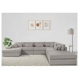 Wohnlandschaft RAUM.ID "Enid U-Form" Sofas Gr. B/H: 460cm x 75cm, Struktur (recyceltes Polyester), Ottomane links, beige 6 Teile, bestehend aus Modulen, in vielen Bezügen, auch Breitcord