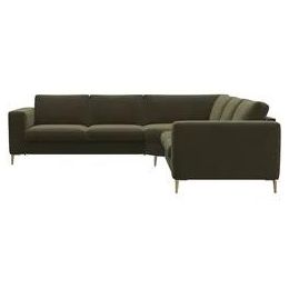 Ecksofa FLEXLUX "Fiore, gleichschenklig, super Sitzkomfort durch Kaltschaum im Sitz" Sofas Gr. B/H/T: 257cm x 85cm x 92cm, Velvet, Schenkel links, grün (moss green) breite Armlehnen, Füße Alu+ Eiche, L-Form